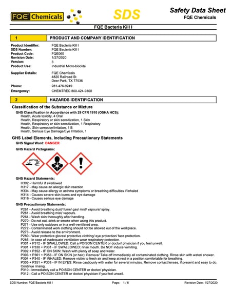 SAFETY DATA SHEET: FQE Bacteria Kill I