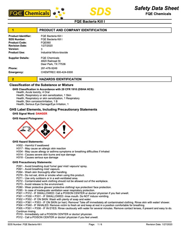SAFETY DATA SHEET: FQE Bacteria Kill I